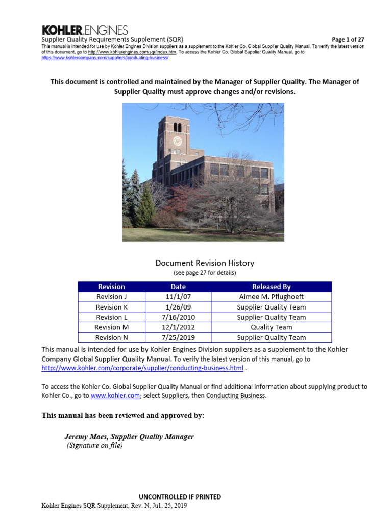 Kohler Engines Supplier Quality Requirements Supplement Rev N | PDF ...