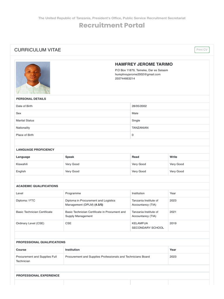 Hamfrey Jerome Tarimo Cv | PDF | Tanzania | Vocational Education