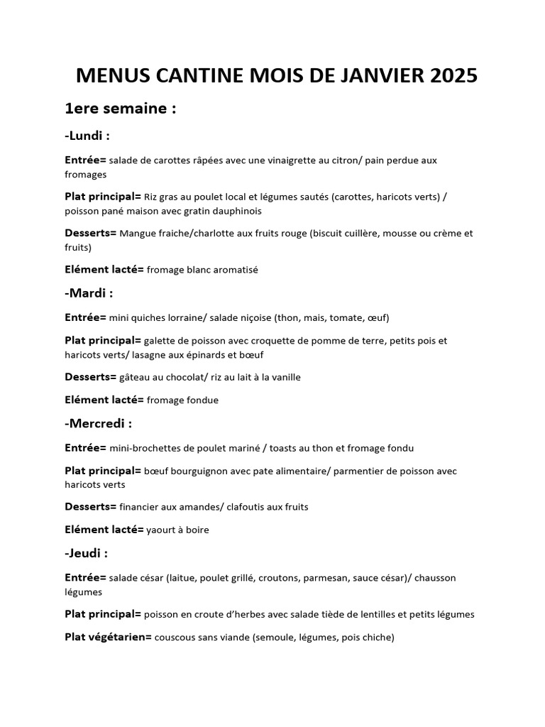 menus-cantine-mois-de-janvier-2025_241231_114639 | PDF | Légumes | Curry
