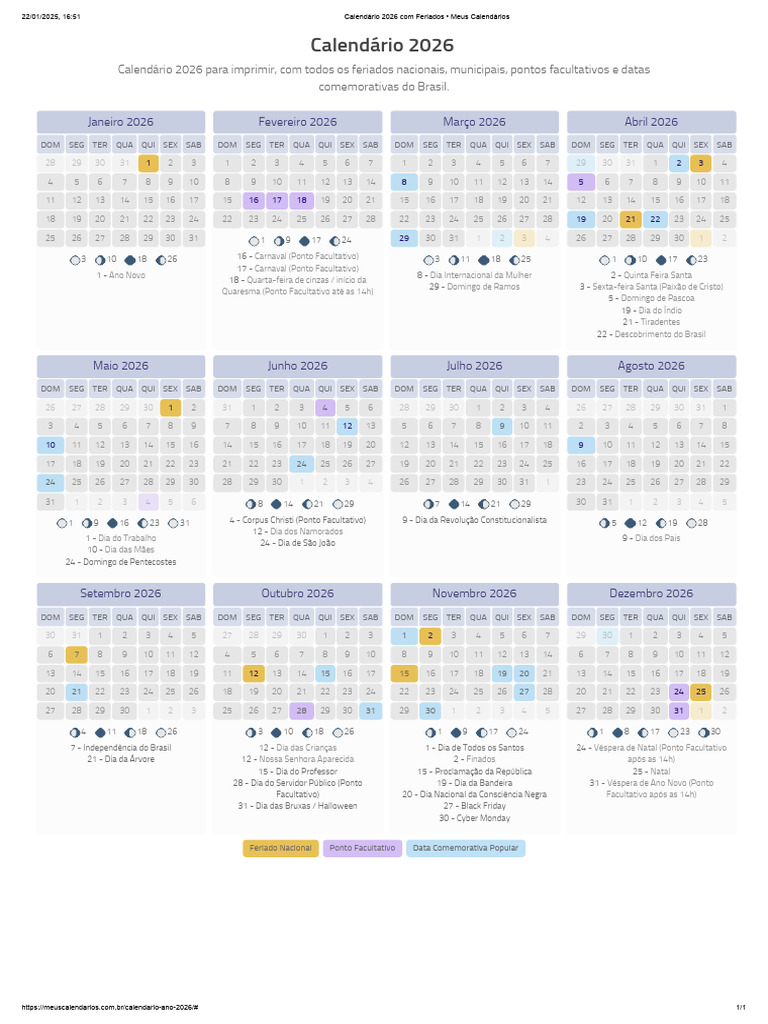 Calendário 2026 Com Feriados - Meus Calendários | PDF | Datas ...