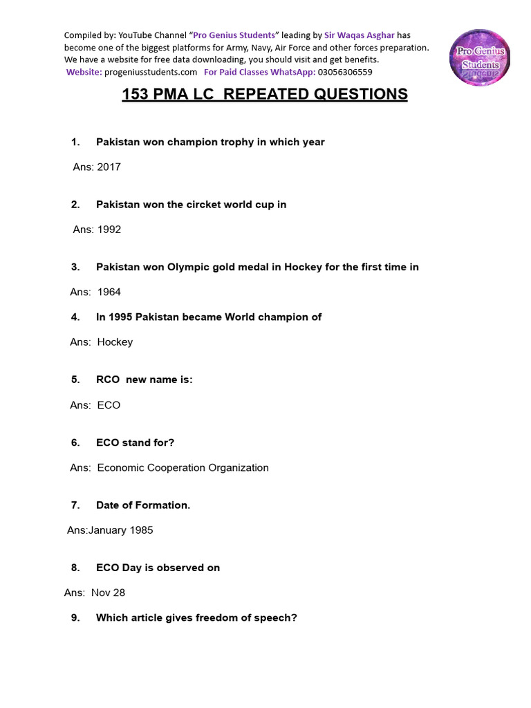 PMA LC Repeated Questions for Forces Prep | PDF | Pakistan | Indus River