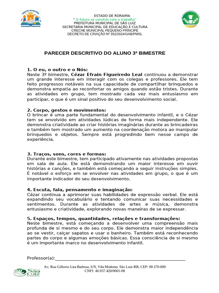 Ficha de Acompanhamento MATERNAL | PDF | Pedagogia | Criatividade