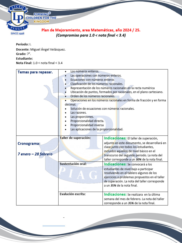 Plan de Mejoramiento Matemáticas 2024-25 | PDF