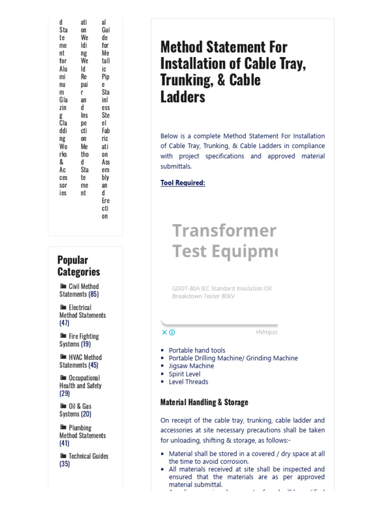 Method Statement For Installation of Cable Tray, Trunking, & Cable Ladders | PDF | Specification ...