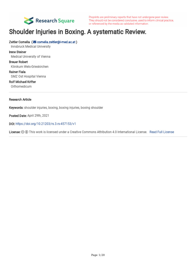 Shoulder Injuries in Boxing A Systematic Review (Zeitler, 2021) | PDF ...