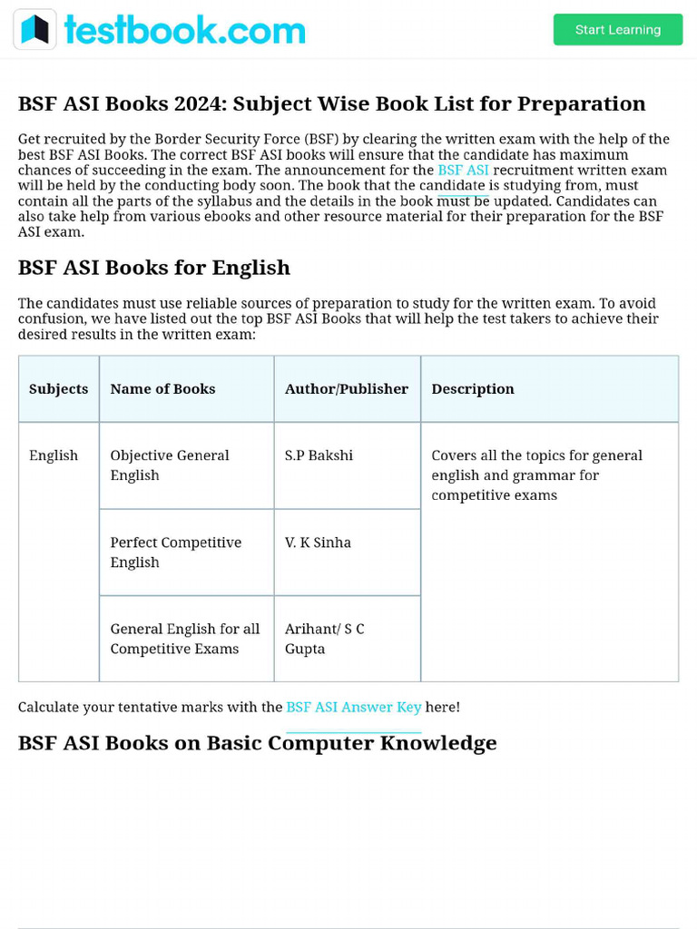 BSF ASI Books 2024 - Subject Wise Book List For Preparation | PDF