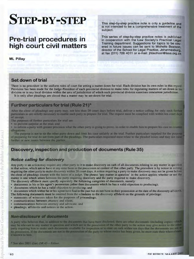 Pillay 2001 Step by Step Pre Trial Procedures in High Court Civil ...
