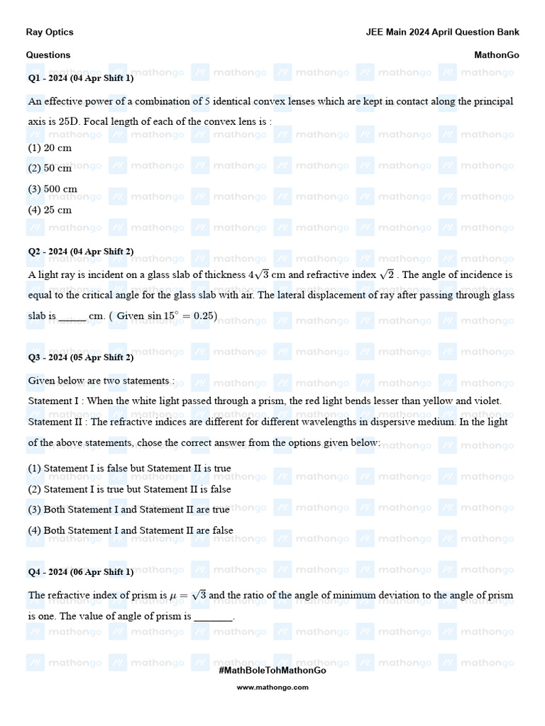 Ray Optics - JEE Main 2024 April Question Bank - MathonGo | PDF ...