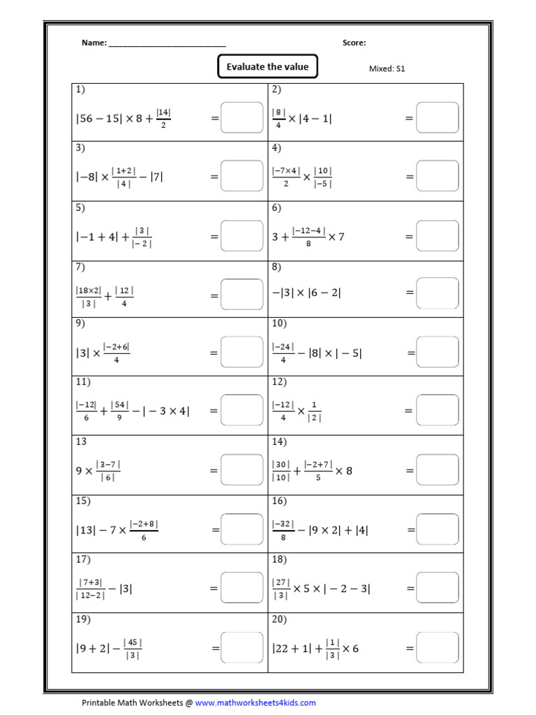 Absolute Value Expressions Worksheet | PDF