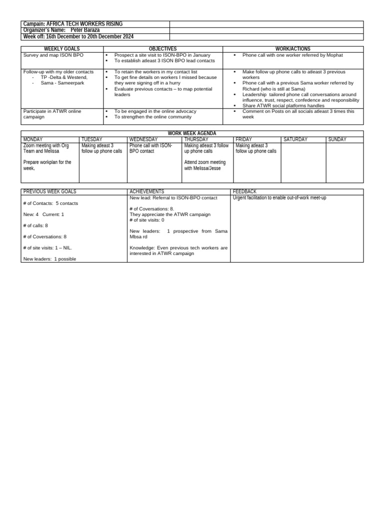 Peter Baraza WorkPlan 6 | PDF