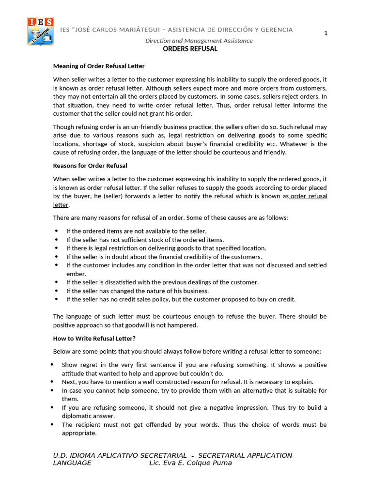 Order Refusal Letter Guide | PDF | Business