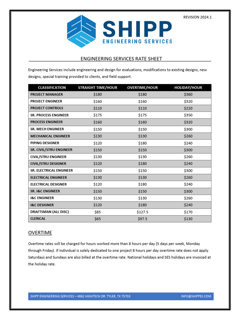 Ses Engineering Services Rate Sheet 2024 | PDF