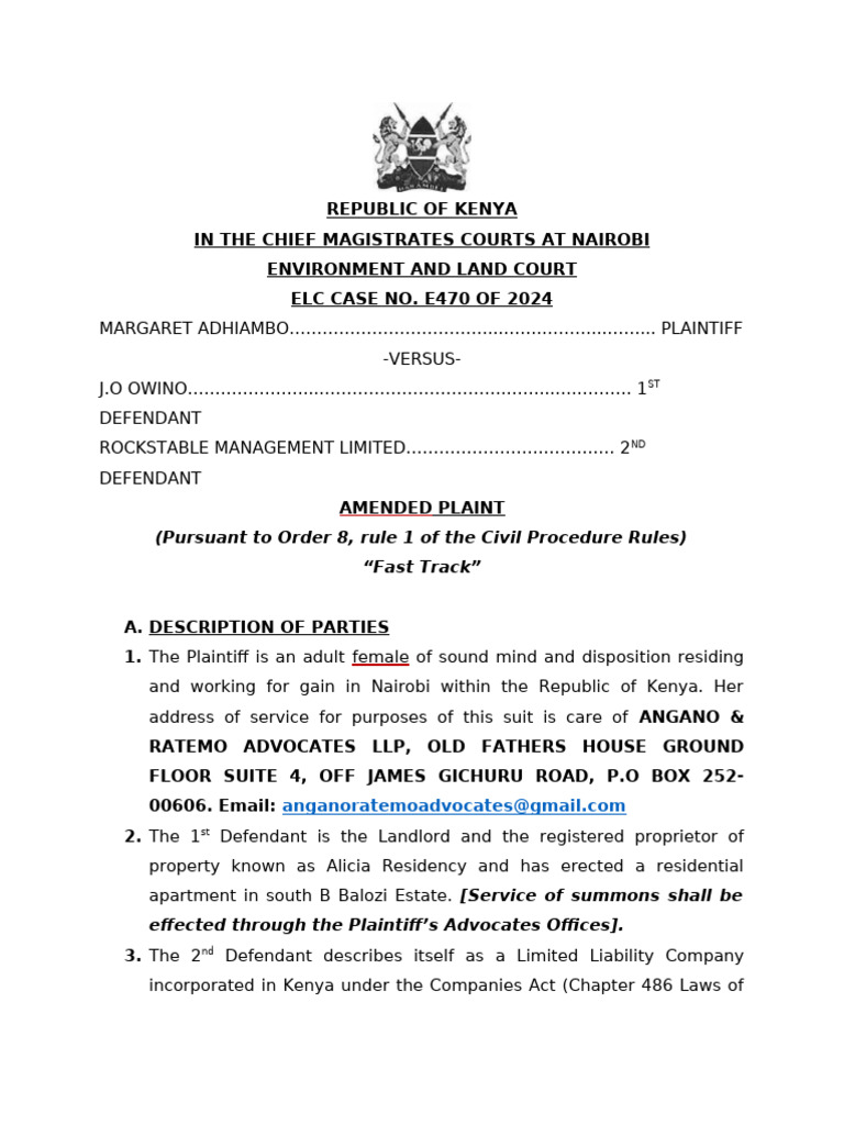 Amended Plaint for Tenant Eviction Case | PDF | Lease | Leasehold Estate
