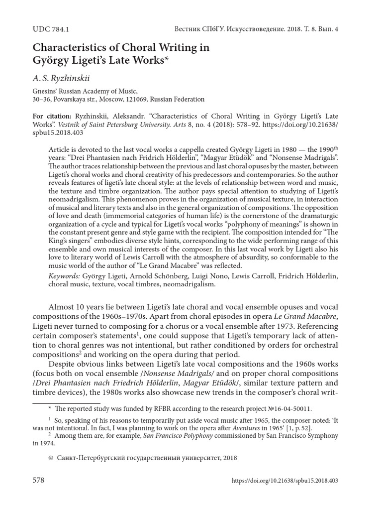 Characteristics of Choral Writing in Gy Rgy Ligeti S Late Works | PDF ...
