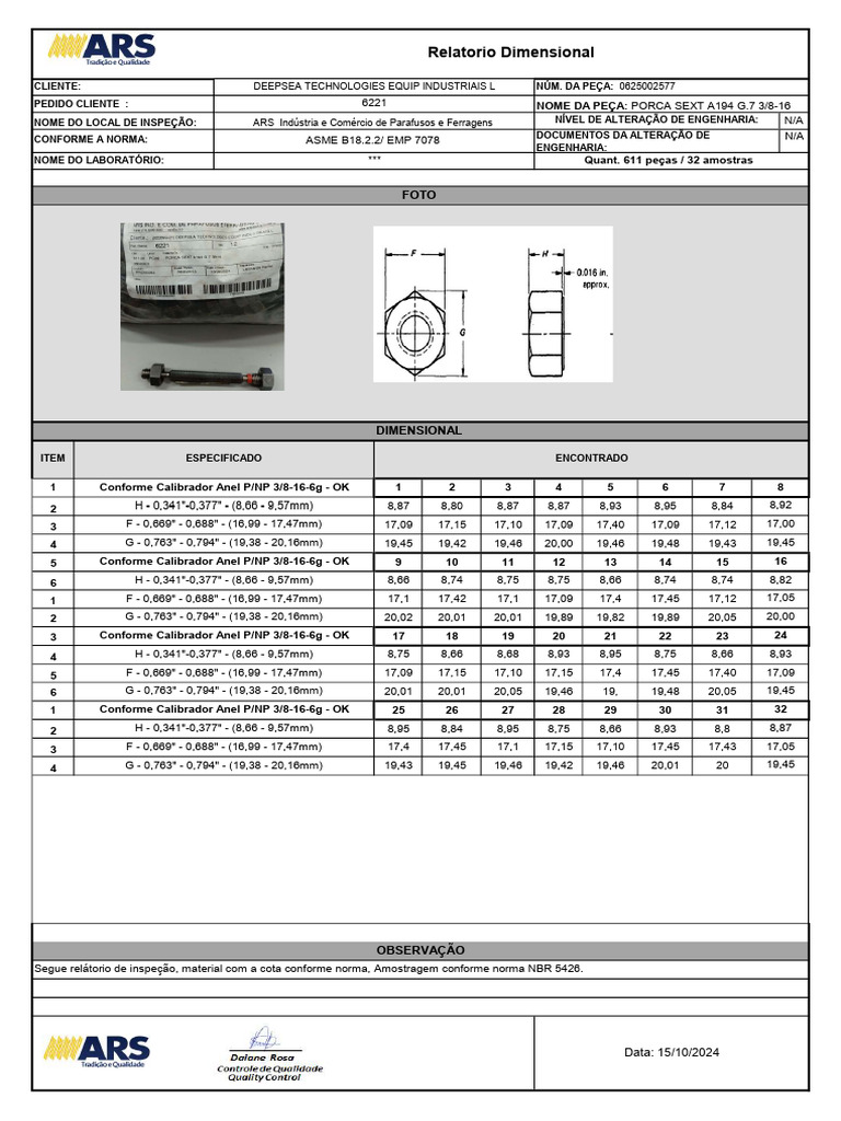 Relatorio Dimensional - PORCA SEXT A194 G7 38-16 | PDF
