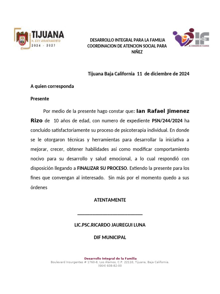 Carta Dif CPSN Terminacion de Ian Rafael Jimenez Rizo 2024 | PDF
