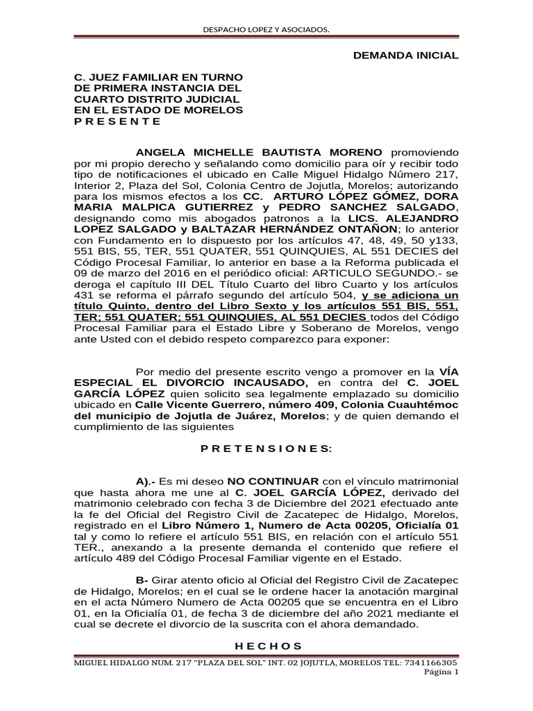 Divorcio Incausado En Morelos Pdf Demanda Judicial Divorcio