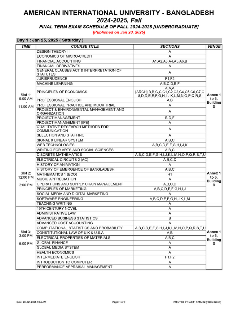 Revised Final Term Exam Schedule of Fall 2024 2025 (Undergraduate) (Jan.20) | PDF