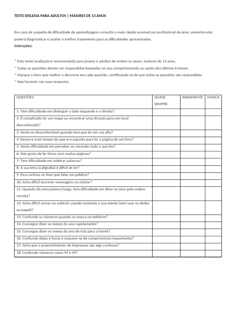 Teste de Dislexia para Adultos | PDF
