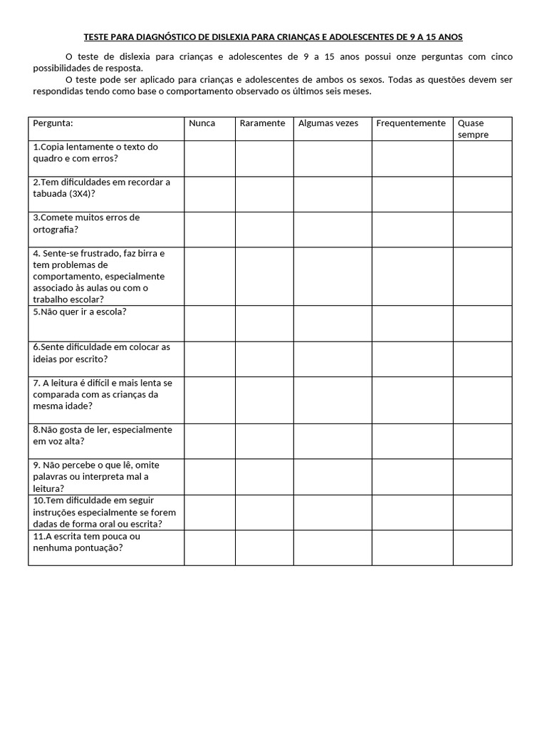 Teste para Diagnóstico de Dislexia para Crianças e Adolescentes de 9 A ...