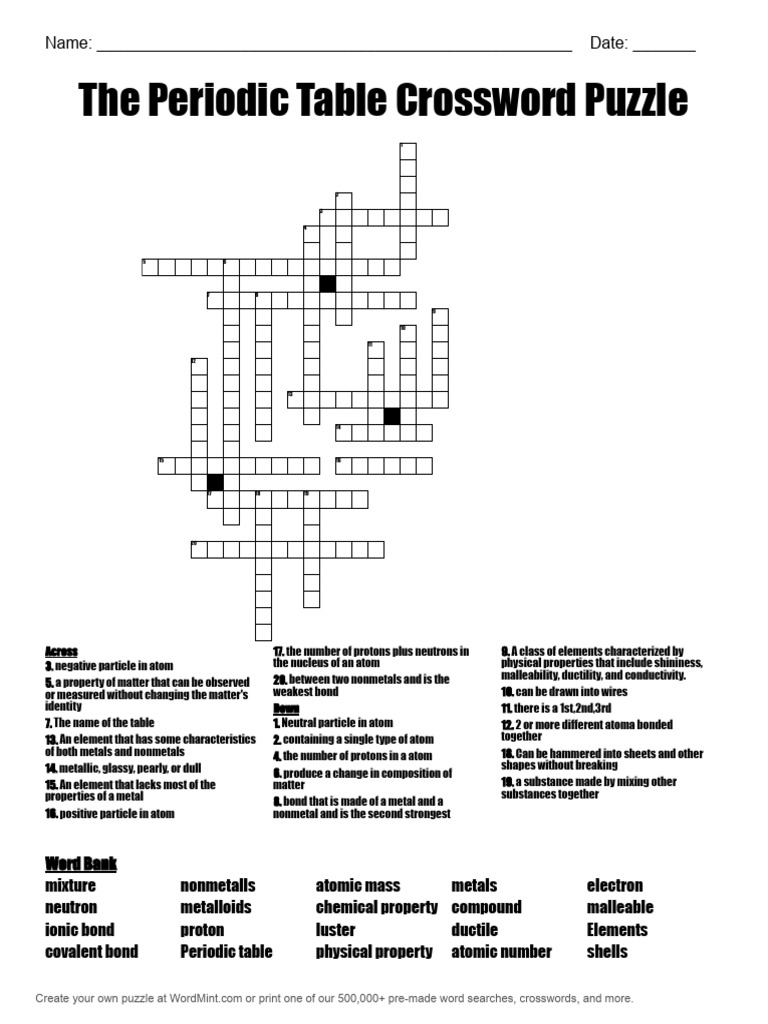 The Periodic Table Crossword Puz 8f21c 61635c94 | PDF | Chemical Bond ...
