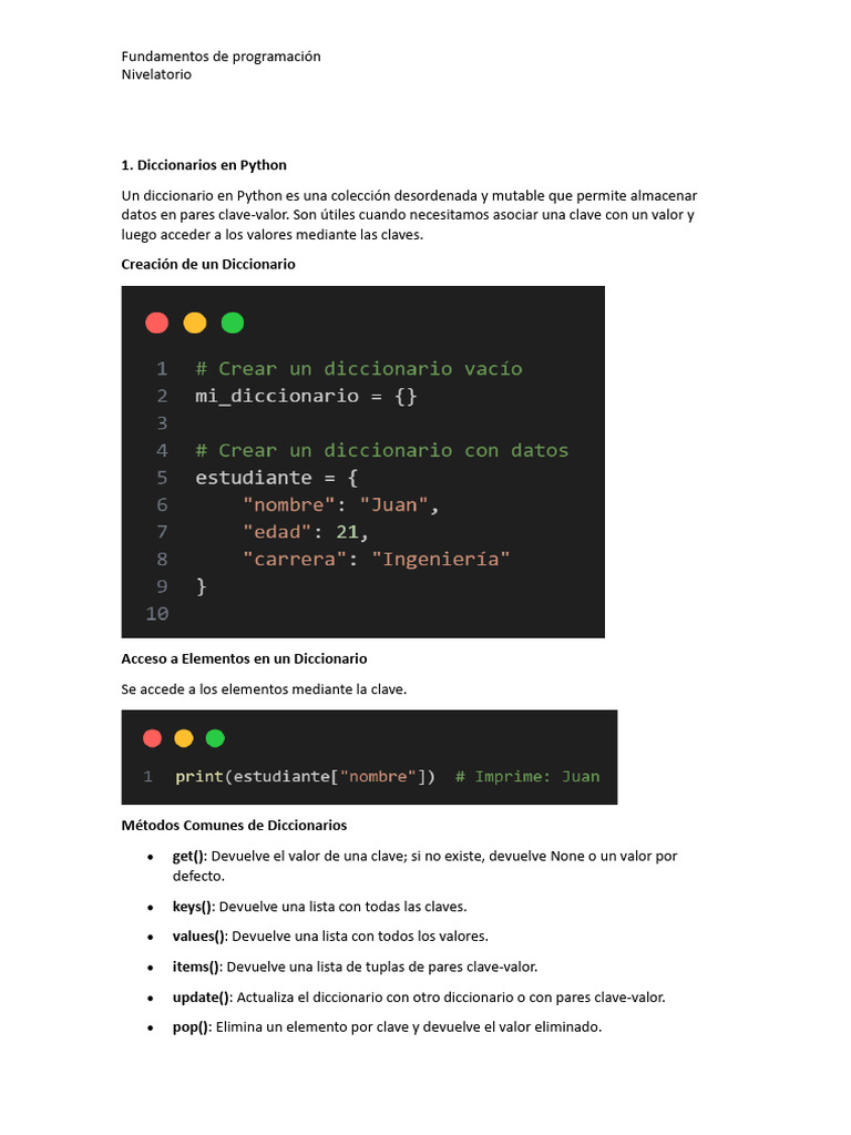 Diccionarios y Sets | PDF | Python (lenguaje de programación) | Informática