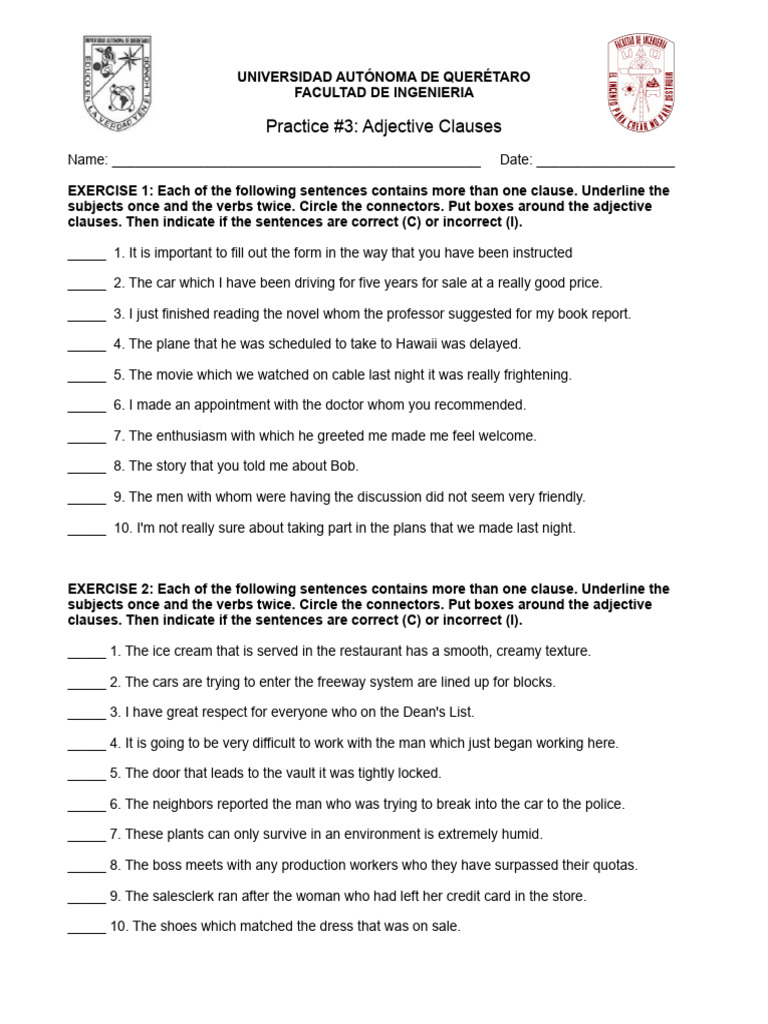Adjective Clauses Practice Worksheet | PDF