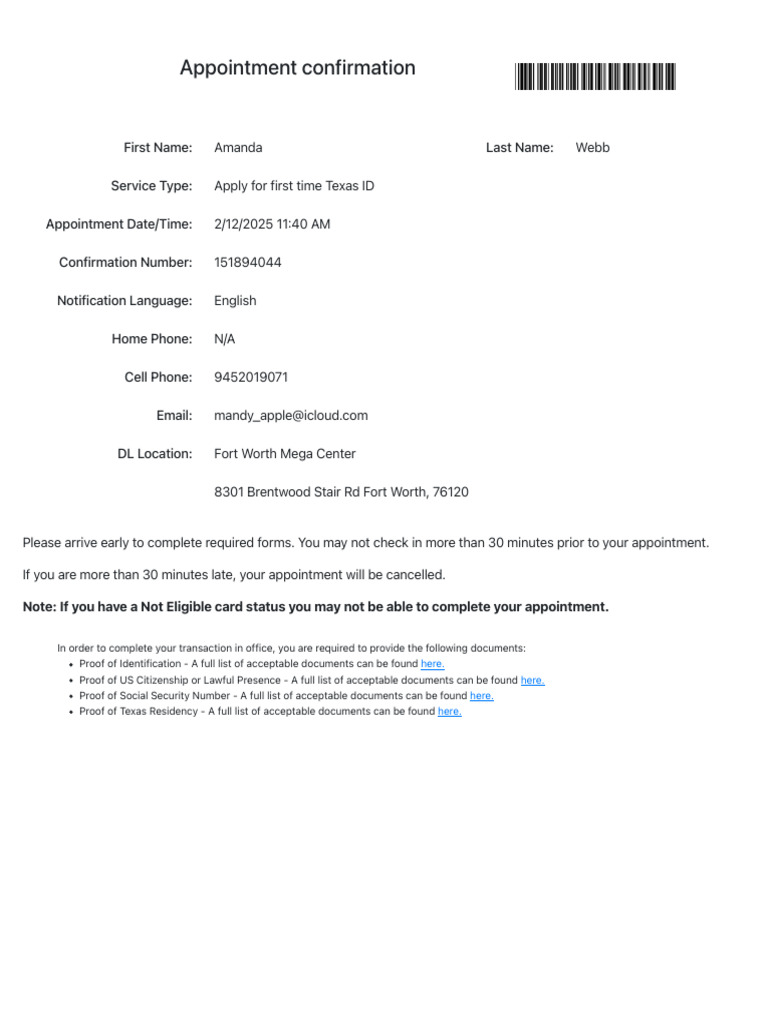 Texas ID Appointment Confirmation | PDF