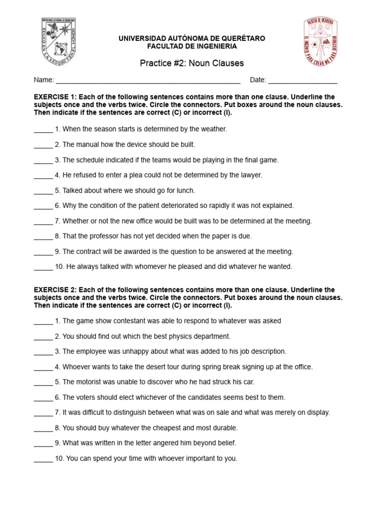 v2 Practice 2 - Noun Clauses | PDF