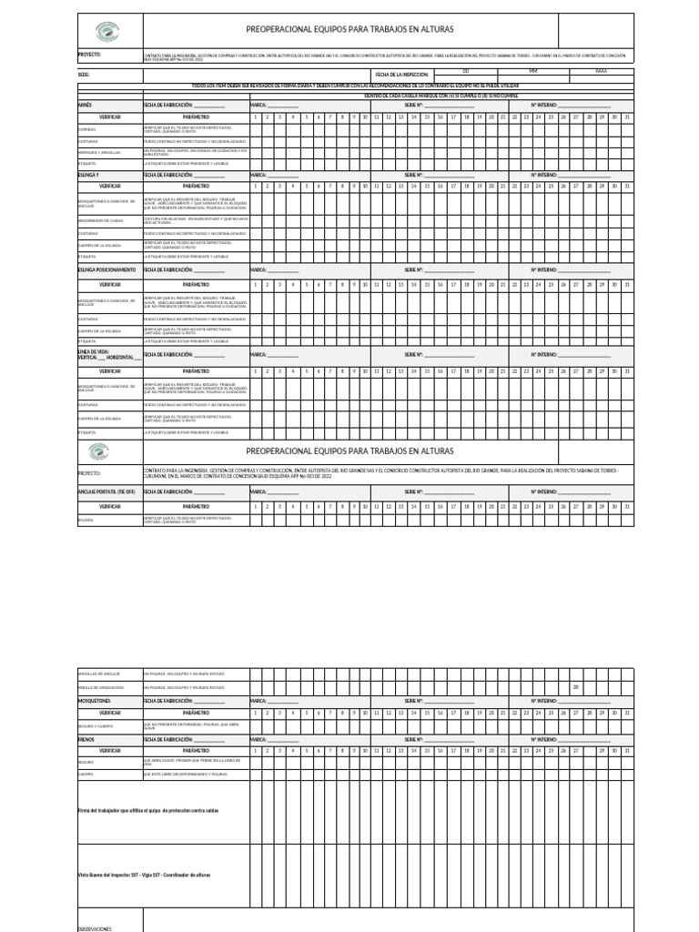 Formato Preoperacional o Inspeccion Equipo de Altura | PDF