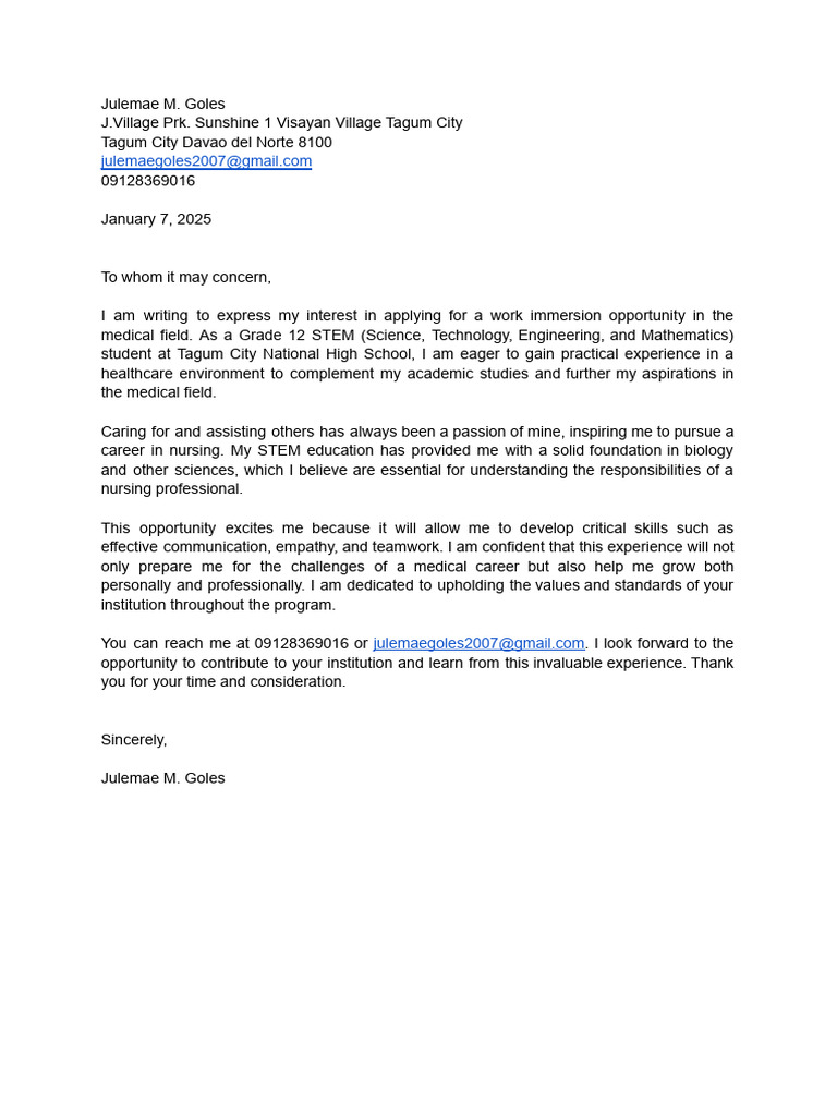 Immersion Application Letter | PDF