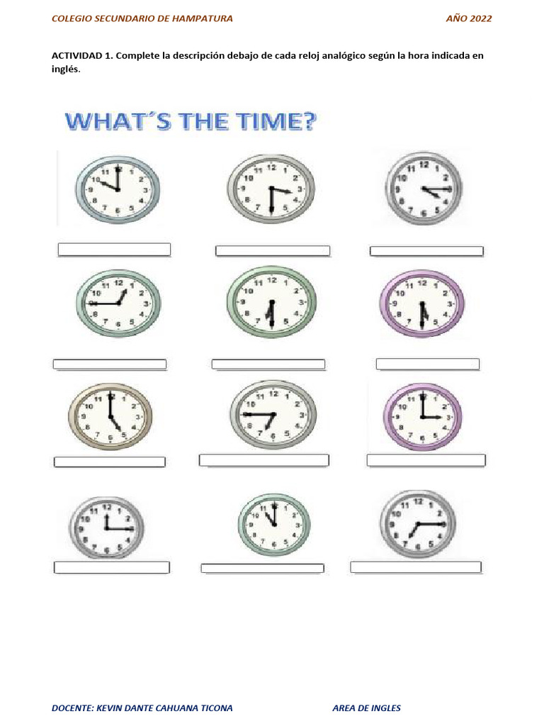 Actividades de Inglés sobre Relojes | PDF
