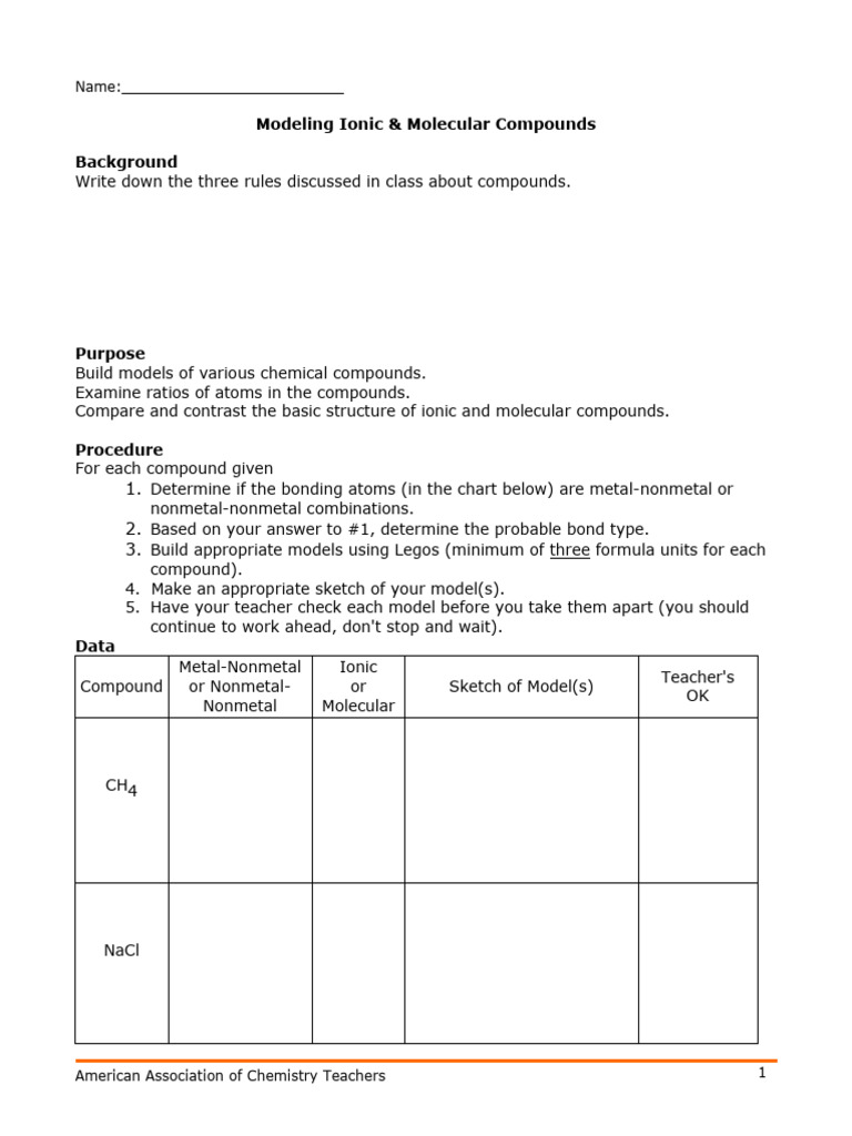 activity-lego-student | PDF | Chemical Compounds | Ionic Bonding