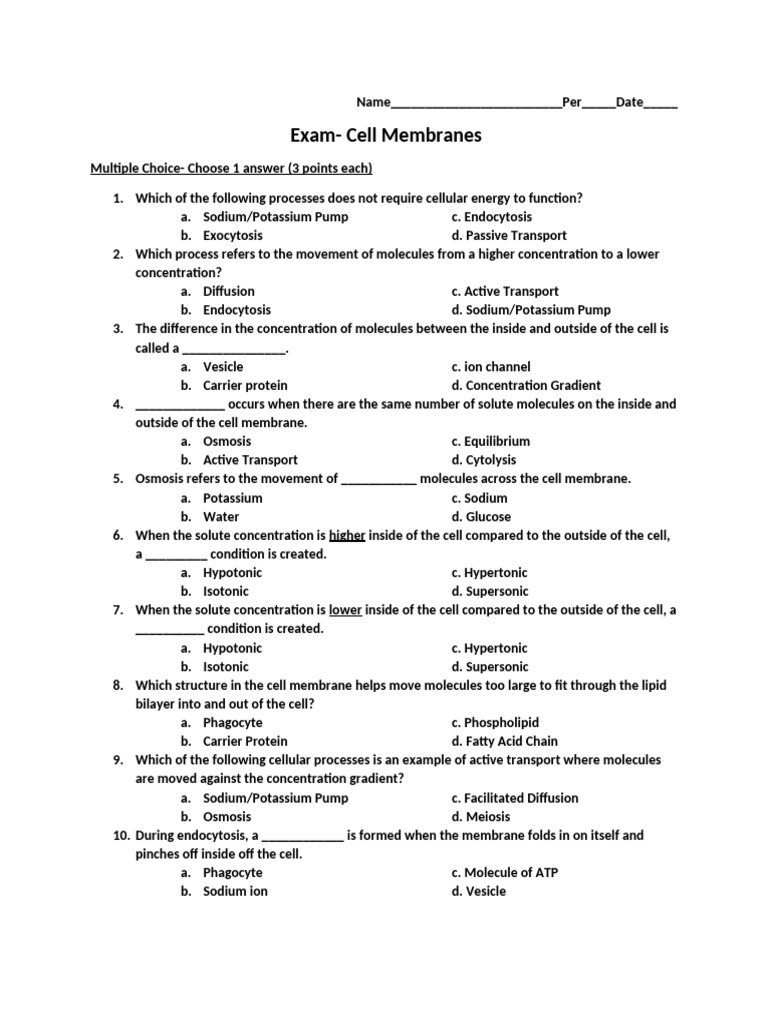 Exam Cell Membranes 2024 | PDF | Cell Membrane | Cell Biology
