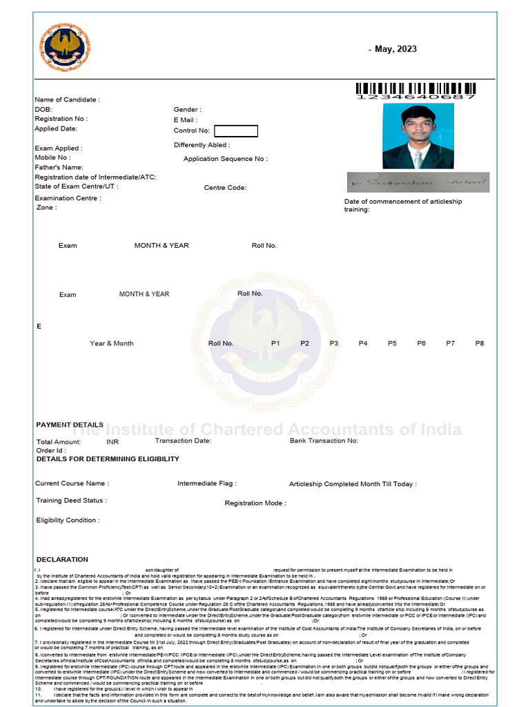 ICAI Intermediate Examination Application Form | PDF