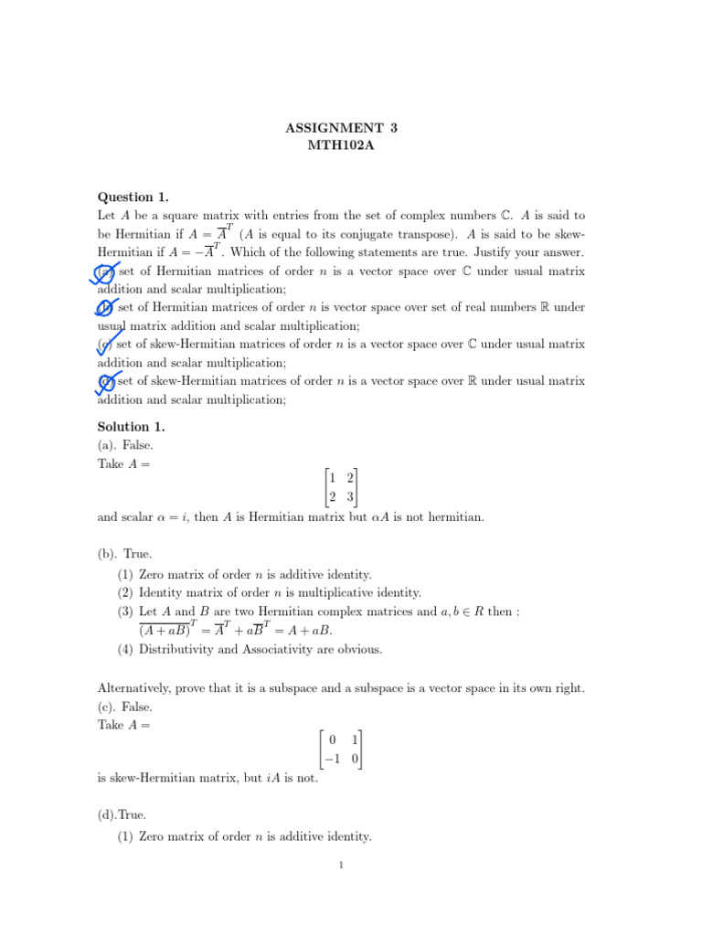 Assignment 3 Solutions MTH113 | PDF | Matrix (Mathematics) | Linear Subspace
