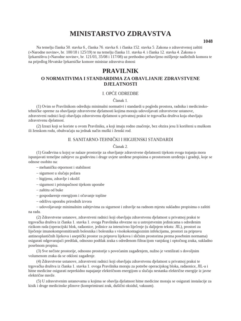 NN 52-20 Pravilnik o Normativima I Standardima Za Obavljanje Zdravstvene Djelatnosti | PDF