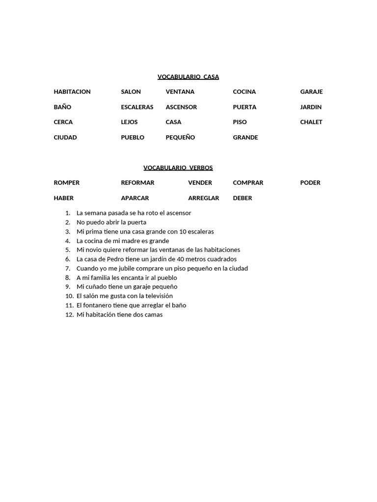 Vocabulario Casa | PDF