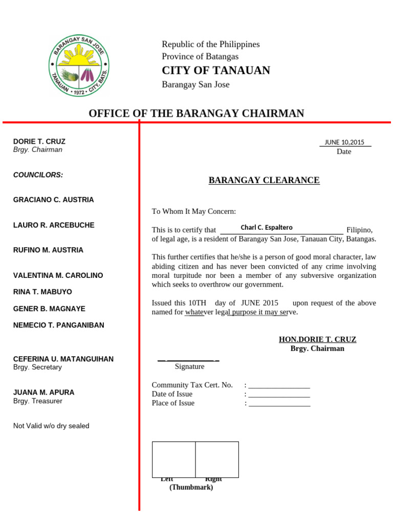 Barangay Clearance Certificate Tanauan | PDF