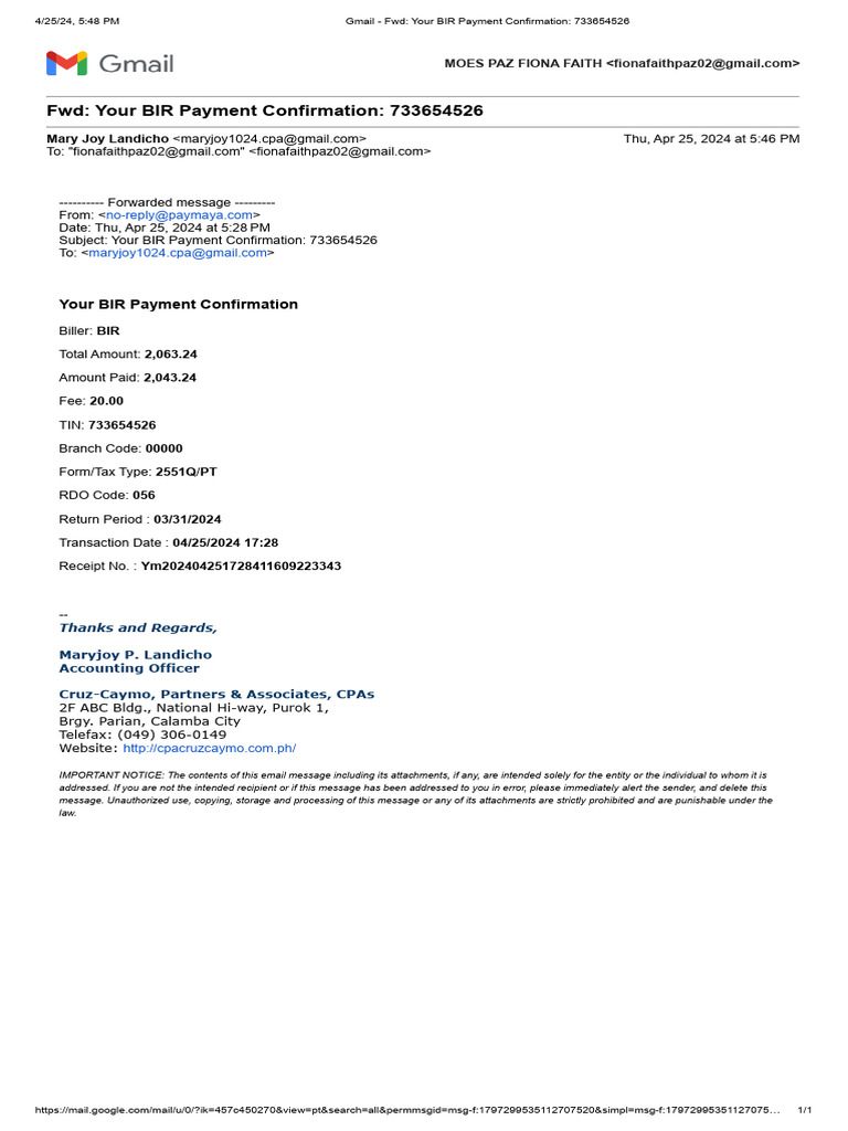Gmail - FWD - Your BIR Payment Confirmation - 733654526 | PDF