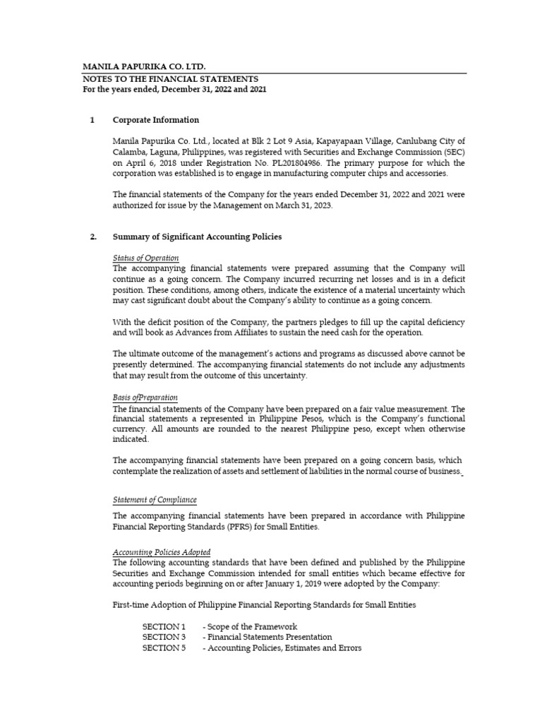 2022 Notes To FS - Manila Papurika Revised | PDF | Financial Statement ...