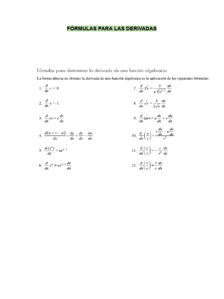 FÓRMULAS PARA LAS DERIVADAS (1)(1) | PDF