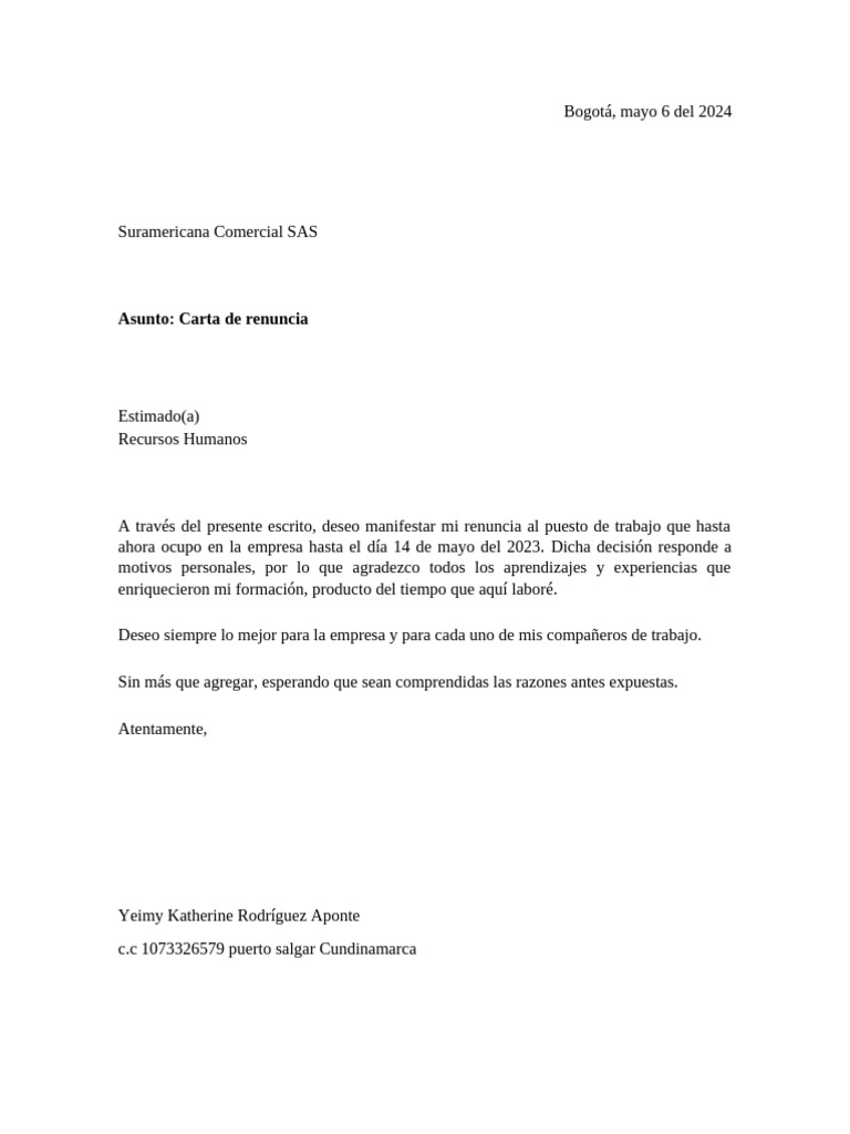 Renuncia Yeimy Rodríguez Suramericana | PDF