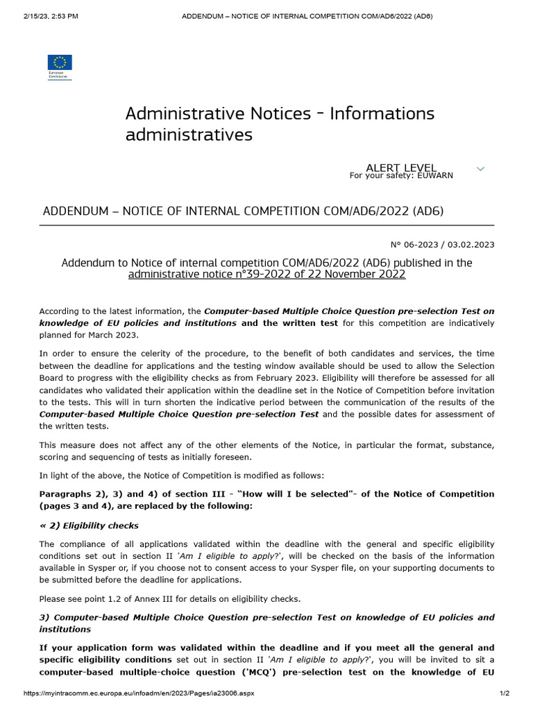 Addendum - Notice of Internal Competition Com - Ad6 - 2022 (Ad6) | PDF | Multiple Choice