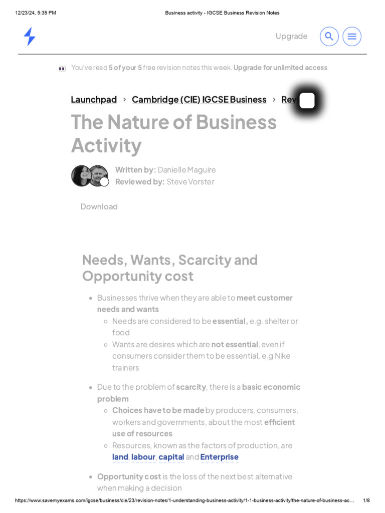 Business Activity - IGCSE Business Revision Notes | PDF | Opportunity ...