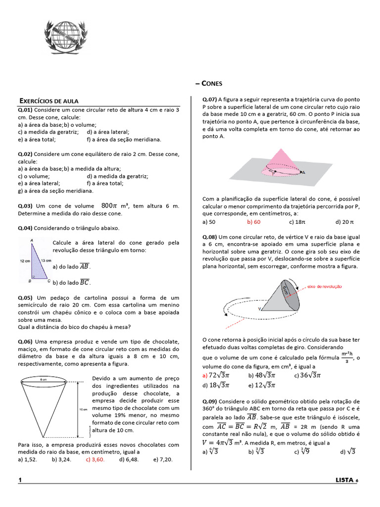 2024 MAT 2 Lista 6 Cone | PDF | Geometria Euclidiana | Geometria Elementar
