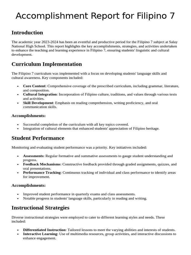 Filipino 7 Accomplishment Report 2023 | PDF | Educational Assessment ...