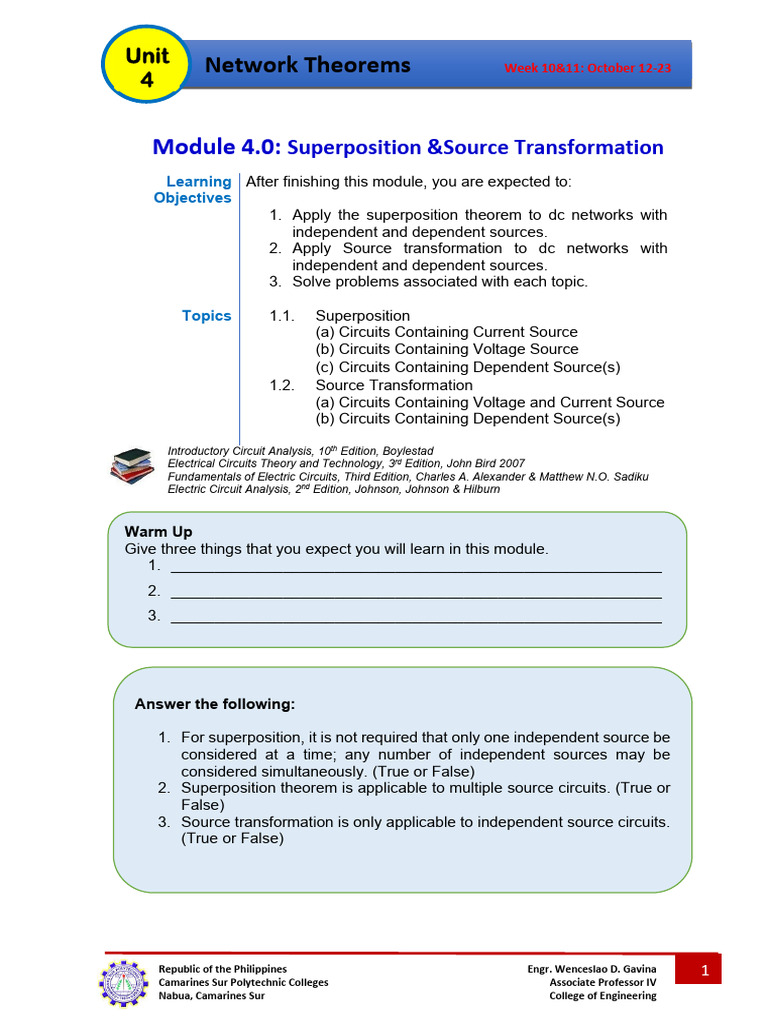 Worksheet 2.0 Superposition and Source Transformation | PDF | Electrical Network | Series And ...