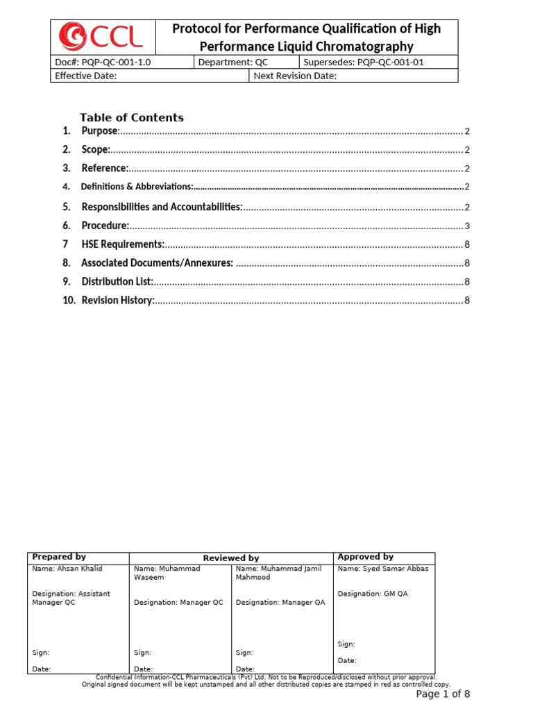 PQP-QC-001-01 Protocol For Performance Qualification of HPLC | PDF ...