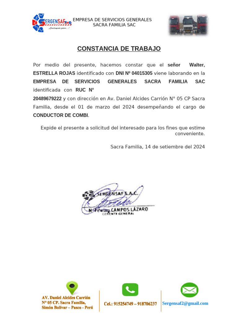 Constancia De Trabajo De Conductor Pdf